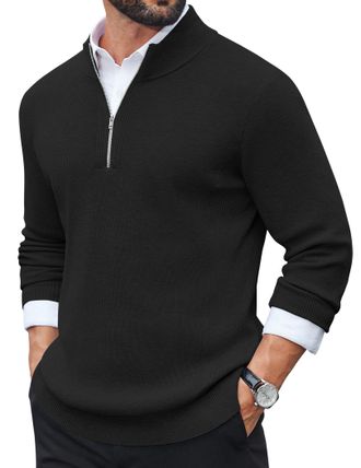 Coofandy Pullover Herren Zip Pullover Strickpullover Rollkragenpullover Langarm Winterpullover Feinstrick Sweater M&auml;nner Pulli Schwarz XXL