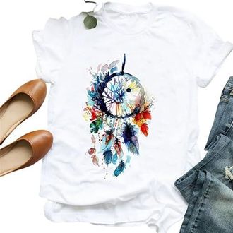 Keephen Bohemian Plume Papillon Impression 3D Femmes T-Shirt Casual &Eacute;t&eacute; Boho Tops Col Rond L&acirc;che Manches Courtes Blouses Tunique