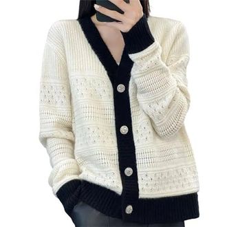 Generic Pull dhiver &agrave; col en V pour femme - Couleur contrast&eacute;e - Style cor&eacute;en - Tricot fin, Noir/blanc, XXL