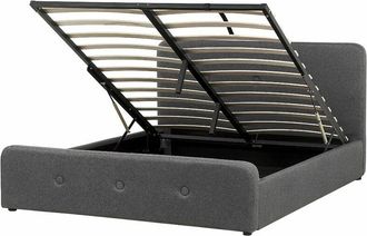 Beliani Polsterbett Grau Stoff in Leinenoptik mit Bettkasten Hochklappbar Lattenrost 160 x 200 cm Hohes Kopfteil Knopfheftung Hohe Holzbeine Retro