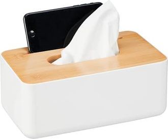 Relaxdays Tücherbox, Kunststoff & Bambus, Kosmetiktücher Box, eckige Tuchbox Taschentücher, HBT: 10x23x13 cm, weiß/Natur