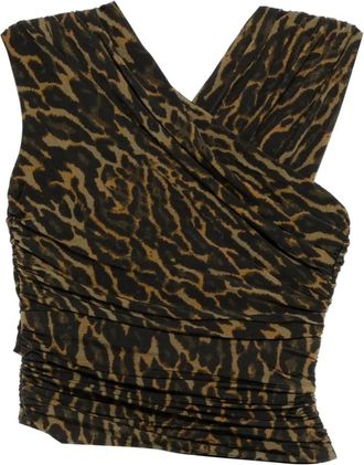 Ganni Femme, Tops, Vert, Taille: 38 FR Blouse sans manches en jersey brillant imprim&eacute; fronc&eacute;