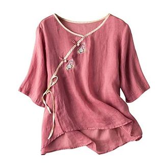 Generic Vimoli Chemisier Femme Vintage Style Ethnique Broderie Imprim&eacute; Floral Haut &agrave; Manches Courtes D&Eacute;t&eacute; D&eacute;contract&eacute;e Col en V Boutons Tunique Top T-Shirt Ch
