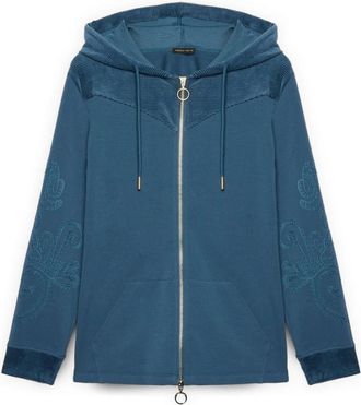 Fiorella Rubino Femme, Sweatshirts et sweats &agrave; capuche, Bleu, Taille: 38 FR Veste &agrave; capuche ouverte avec broderie florale
