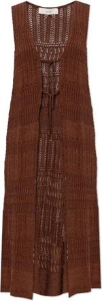 Akep Femme, Vestes, Brun, Taille: 38 FR Gilet long sans manches &agrave; col en V en maille ajour&eacute;e