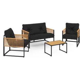 IDMarket Salon de jardin bas rio 4 places structure m&eacute;tal noir, cordage effet rotin clair et coussins noir