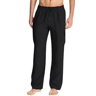 Generic Pantalon d&eacute;t&eacute; en lin pour homme - Pantalon en tissu avec poches - Pantalon de plage avec cordon de serrage - Jambes droites - Pantalon de jogging - Pa