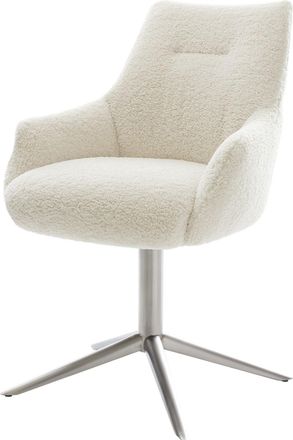 DELIFE Esszimmerstuhl Alja-Flex mit Armlehnen Fu&szlig;kreuz Edelstahl Teddystoff Beige 360&deg; drehbar Wippfunktion Taschenfederkern