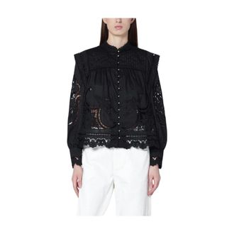 Farm Rio Broderie Anglaise Baumwoll-Popeline-Bluse - - Blouses & Shirts - Damen - Schwarzk - L