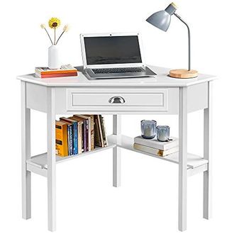 Yaheetech Bureau dangle Poste de Travail Informatique Bureau en Bois avec Tiroir et Étagère de Rangement Design Classique et Élégant 106 × 71,5 × 76,5 cm Blanc