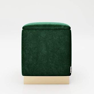 Playboy Pouf mit Stauraum und Goldfuss, abnehmbaren Deckel, Samtstoff in Light Blue, Retro-Design, Sitzhocker, Wäschetonne, Ottoman, Samtbezug in Grün, Fuss a