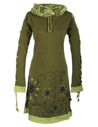 vishes Alternative Bekleidung - Bedrucktes Langarm Damen Blumen Kleid mit Schalkragen und Schn&uuml;ren Olive 38-40