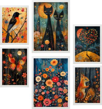 Nacnic Set mit 6 Dekorative Malerei Tiere und Natur, inspiriert von Rosina Wachtmeister Gerahmtes Poster mit Design-Illustrationen zur Dekoration der W&auml;nde A