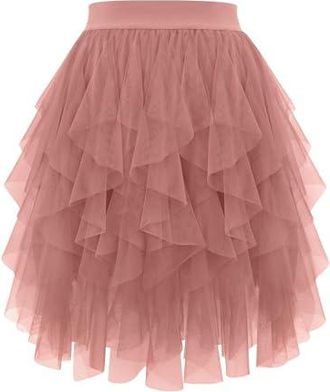 Generic Jupe Tulle Femme Paillette Robe Longue Tutu Irr&eacute;gulier Superpos&eacute;e Jupes Pliss&eacute;e A-Line Elastique Taille Jupe Tutu Midi Noir Rose pour Carnaval Hallowe