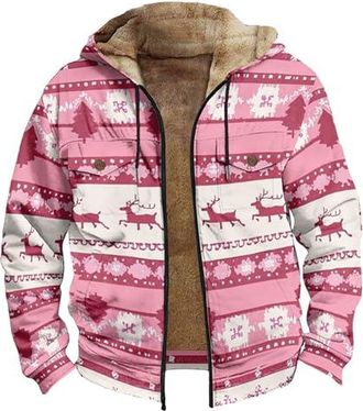 Generic Manteau festif imprimé de Noël pour homme, veste à capuche doublée en polaire chaude avec poches, vêtements de fête de vacances, rose, XL