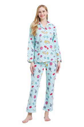 Global Schlafanz&uuml;ge Damen Flanell | Baumwolle Damen Pyjama Set | Zweiteiliger Nachtw&auml;sche Damen Pjs Set Lang | Knopfleiste vorne und Kordelzug | Gr&uuml;n, Nachti