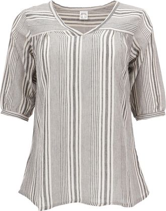 Guru Shop Leichte Baumwollbluse, Gestreifte Boho Schlupfbluse mit V-Ausschnitt - Grau/beige, Damen, Baumwolle, Size:XL
