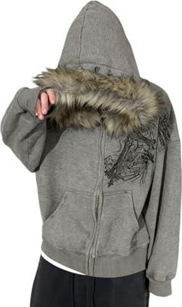 ORANDESIGNE Homme Sweat &agrave; Capuche Y2K Veste zipp&eacute;e avec Capuche en Fourrure Manteau dhiver Chaud Streetwear A Gris XL