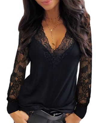 Onsoyours T-Shirt Damen Mode V-Ausschnitt Revers Rei&szlig;verschluss Tops Elegant Geometrischer Druck Langarm Shirt Slim Fit Bluse Basic Knopfleiste Oberteil A Schwa