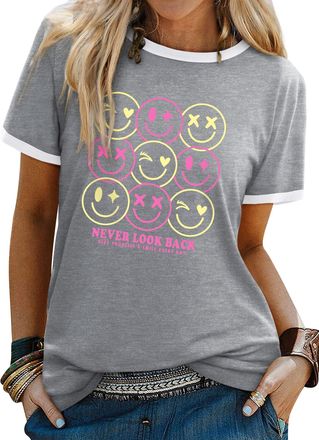 Dresswel Tshirt Damen Give Yourself A Smile Everyday L&auml;chelndes Gesicht Druck T-Shirt Rundhals Kurzarm T Shirts Sommer Oberteile Tee Tops Bluse