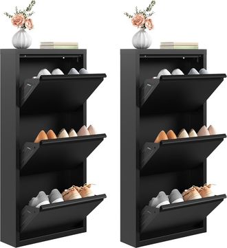 Woltu Schuhschrank, mit 3 Klappen, Schuhregal, Schuhkipper, f&uuml;r 18 Paar Schuhe, aus Metall, f&uuml;r Flur Wohnzimmer, 50x106x15 cm, 2er-Pack, Schwarz