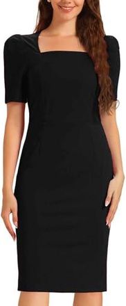 Allegra K Robe à Col Carré pour Femme Manches Bouffantes Fente Arrière Au-Dessus du Genou Robe Crayon Décontractée Noir L