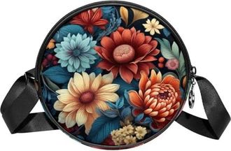 Generic Sac &agrave; bandouli&egrave;re rond pour femme, motif floral color&eacute; avec fermeture &eacute;clair, bretelles r&eacute;glables, sac &agrave; main rond d&eacute;contract&eacute; pour femmes et filles