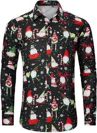 Hisdern Chemise de No&euml;l Homme Manches Longues Chemise Noir Funky Imprim&eacute;e No&euml;l Festival Regular Fit XL