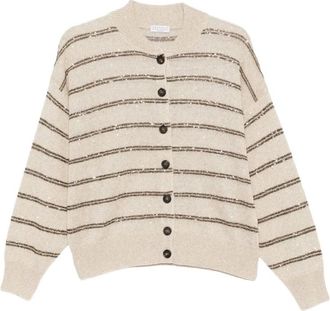 Brunello Cucinelli Gilet &agrave; rayures et sequins - Femme - Pulls - Beige - Taille: 36 FR