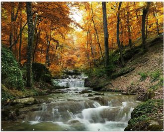 Wallario XXL Outdoor-Poster für Garten oder Balkon Kleiner Bach über Steine im Herbstwald, Motivbanner Größe: ca. 250 x 200 cm, Outdoor-Bild