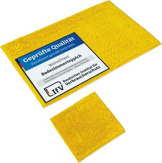 WohnDirect Badematten Set 2 teilig Gelb - WC Vorleger (45x45cm), Badematte (70x120cm) - rutschfest waschbar Badezimmerteppich OHNE WC-Ausschnitt