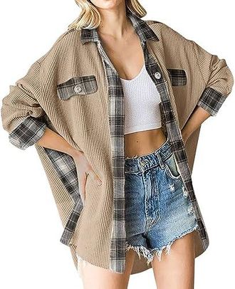 Generic Vestes pour femmes en tricot &agrave; carreaux pour femmes, veste &agrave; manches longues et boutonn&eacute;e, style boyfriend, 2026, kaki, XXL