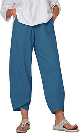 Heekpek Pantalon Fluide Femme D&eacute;contract&eacute; Pantalon Large en Coton &Eacute;lastiqu&eacute;e Taille avec Poches Pantalon 7/8 Pantacourt &Eacute;t&eacute; L&eacute;ger Pants de Plage, Bleu, Taille