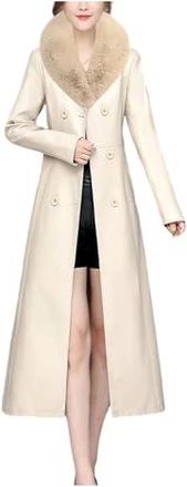 Generic Trench-coat en simili cuir pour femme - Automne Hiver Col Fourrure Double Boutonnage Revers crant&eacute; Long Manteau avec Ceinture, 12, M