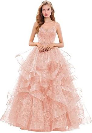 Generic Robe de bal en tulle pailleté avec col en V et bretelles spaghetti, robe de demoiselle dhonneur, robe de soirée formelle longue à étages, rose, 54 Gra