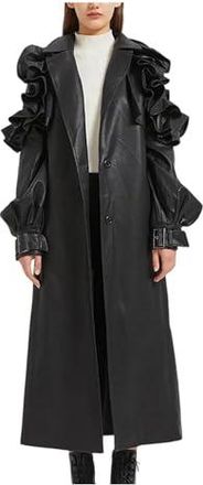 Generic Trench long &agrave; volants en cuir synth&eacute;tique doux pour femme Printemps Automne - V&ecirc;tement dext&eacute;rieur &eacute;l&eacute;gant et d&eacute;contract&eacute; en similicuir, Noir, M