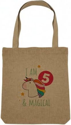 Fabulous Sac Shopping Tote Bag Aspect Lin - I am 5 and Magic Anniversaire Celebration Cadeau Anglais Licorne Fantaisie - Sac de Courses Toile Epaisse 360g Beig