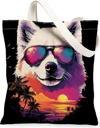 Generic Sac fourre-tout d&eacute;t&eacute; en toile motif chien samoy&egrave;de pour faire du shopping, 33 x 38,1 cm, motif chiot c&ocirc;tier cool, sac d&eacute;picerie r&eacute;utilisable, sac d&eacute;pi