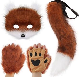 Dreshow Queue de Renard en Fausse Fourrure Masque en peluche Chat Loup Duveteux Halloween Costume De Fête Gants à Pattes de Chat Cosplay Ensemble pour Femme