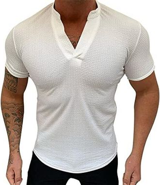 Generic Chemise en coton et lin pour homme - Hauts Henley - Tendance - D&eacute;contract&eacute; - En coton et col en V - Haut &agrave; manches courtes - Haut tendance - Chemisier