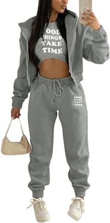 Onsoyours Survêtement Femme 3 Pièce Ensembles Sportswear Sweatshirt à Capuche à Zippé+ Crop Top + Pantalon Sports pour Casual Sports Jogging Fitness Z2 Gris XL