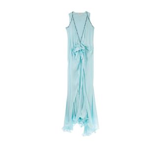 Genny Femme, Robes, Bleu, Taille: 38 FR Robe Longue en Mousseline Bleue avec Ornements Floraux