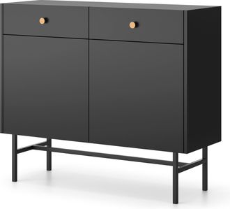 Selsey Kommode Aufbewahrungsschrank 2 T&uuml;ren 2 Schubladen 104 cm Schrank Schubladenschrank Schwarze Metallbeine Pulverbeschichtet Schwarz Divenos