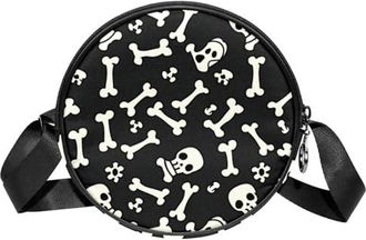 Generic Petit sac &agrave; bandouli&egrave;re rond pour femme, motif os de chien, sac &agrave; dos avec fermeture &eacute;clair, bretelles r&eacute;glables, sac &agrave; main rond d&eacute;contract&eacute; pour fem