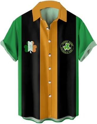 Generic DENGJIAMY Chemise boutonn&eacute;e pour homme avec chapeau vert coeur bi&egrave;re tr&egrave;fle &agrave; manches courtes hawa&iuml;en, Noir, 4XL