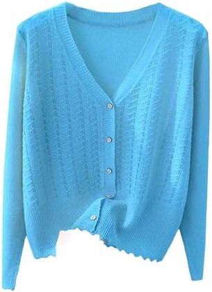 Generic Cardigan en soie pour femme - Chemisier dext&eacute;rieur ample - &Eacute;paules ajour&eacute;es - Petit ch&acirc;le - Haut en tricot, bleu lac, Taille XL
