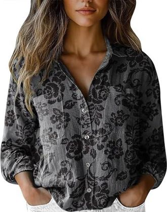 Generico Femme Chemise D&eacute;contract&eacute;e &agrave; Manches Longues Chemisier en Lin Coton Curvy Respirant T Shirt Col en V L&eacute;ger Chemises Vintage Imprim&eacute; Boutons Classique 
