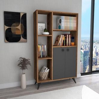 Hanah Home Stylish Bookshelf, Light Walnut & Anthracite, 135.6 cm x 80 cm x 25 cm | 100% Melamine Coated Particle Board, 18 mm Thick | Perfect for Modern Home De