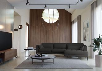 Studio Copenhagen home24 Ecksofa mit Longchair Grau Strukturstoff Kari 275 x 70 x 168cm Longchair davorstehend rechts mit Schlaffunktion Skandi