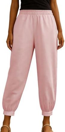 Generic Pantalon en coton et lin pour femme | Jambe large - Pantalon d&eacute;contract&eacute; &agrave; taille &eacute;lastique avec poches | Pour un usage quotidien, rose, XL
